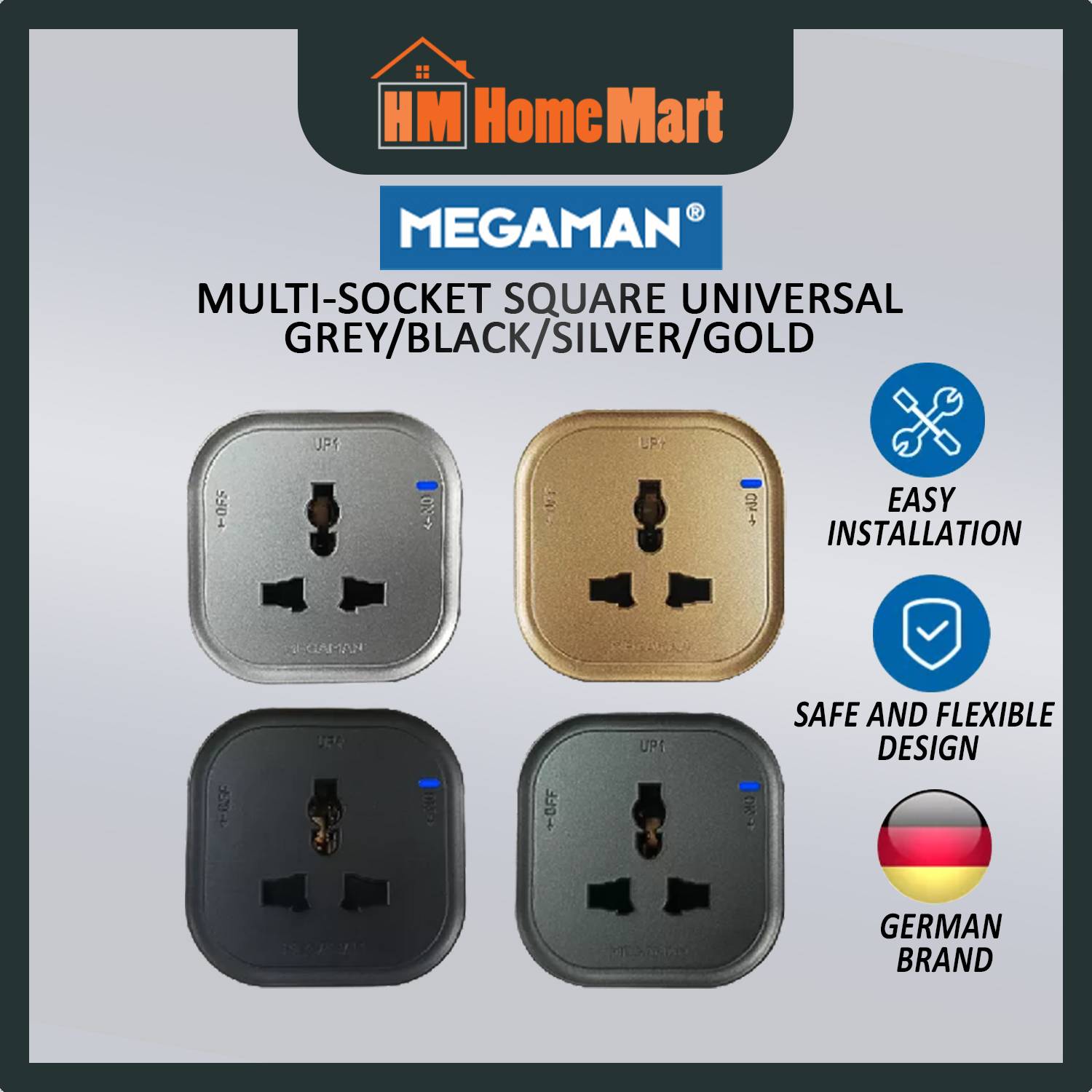 Megaman Power Track Multi Socket Square Universal Black Grey Gold Silver 1 Year Warranty